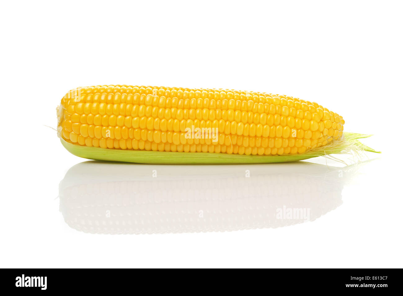 Fully developed Corn Cob with silk, husk and golden seed on white ...