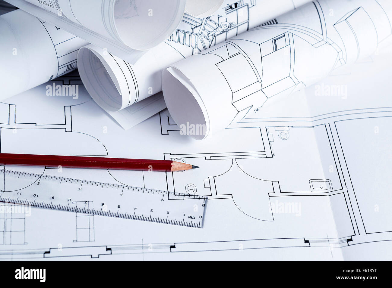 Architecture blueprints with pencil and ruler Stock Photo - Alamy