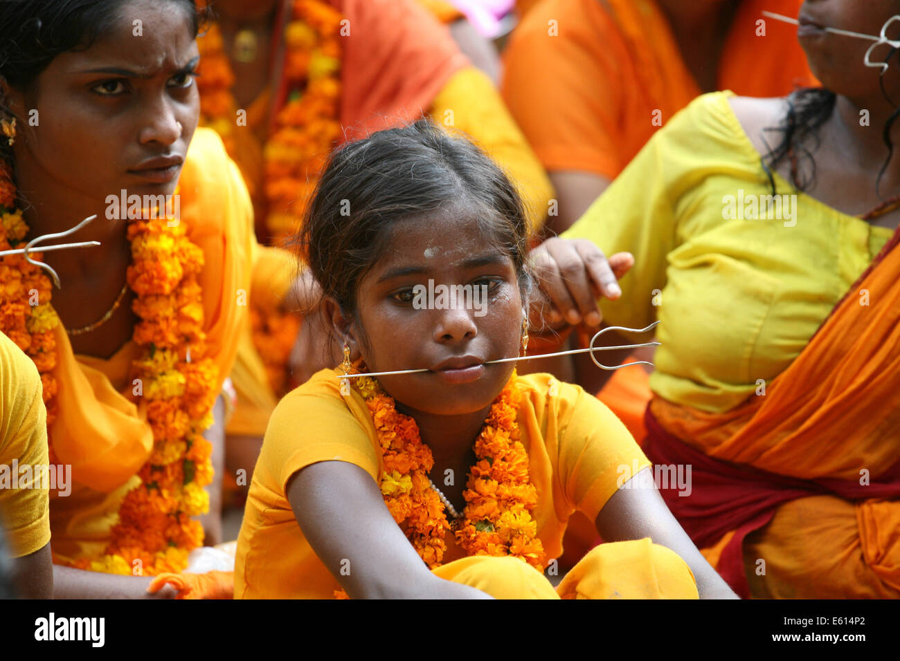 South Indian devotee gets their tongue pierced with a metal rod while ...