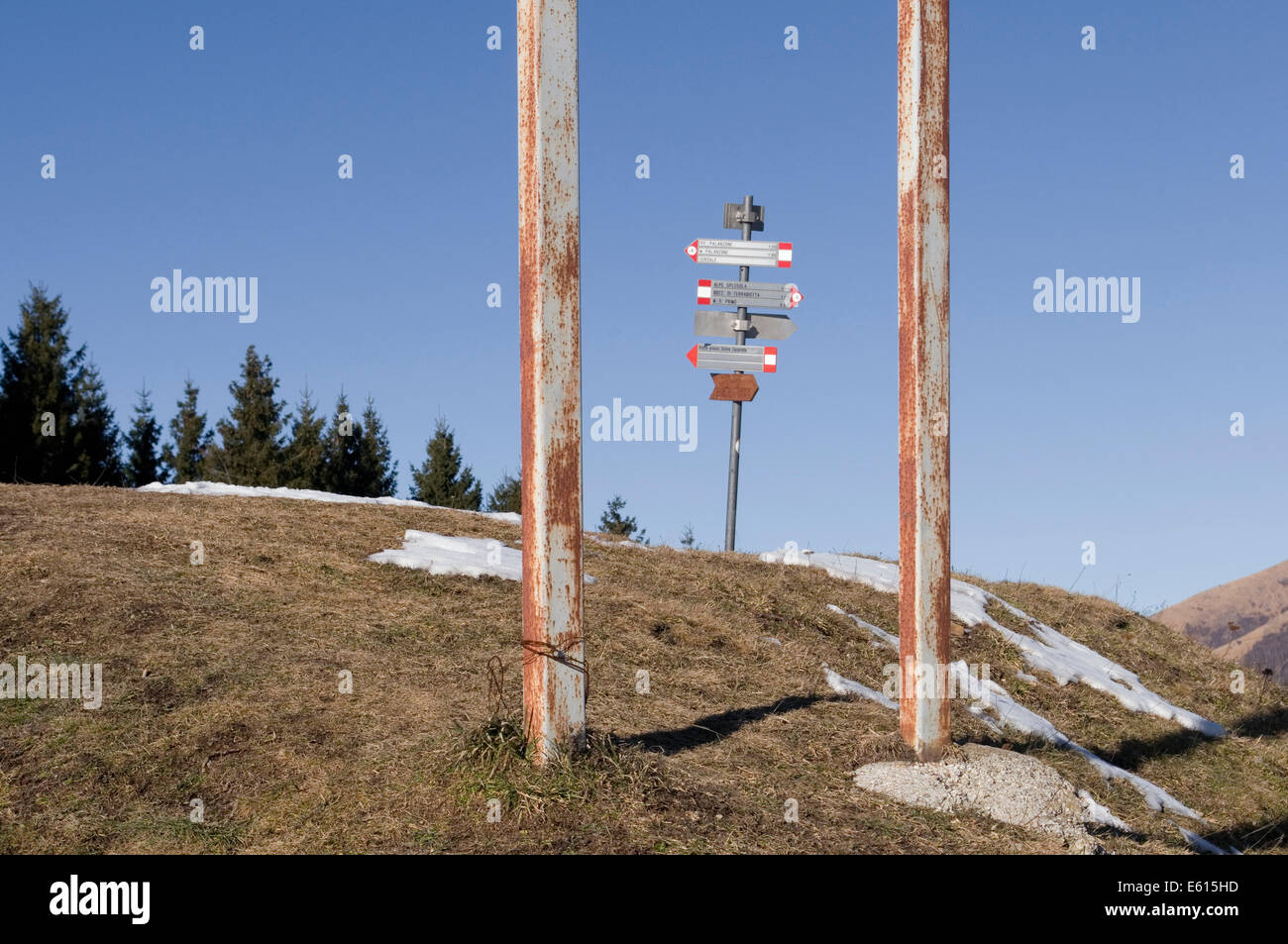 Footpath signs, Pian del Tivano, Lombardy Italian Alps, Italy Stock ...