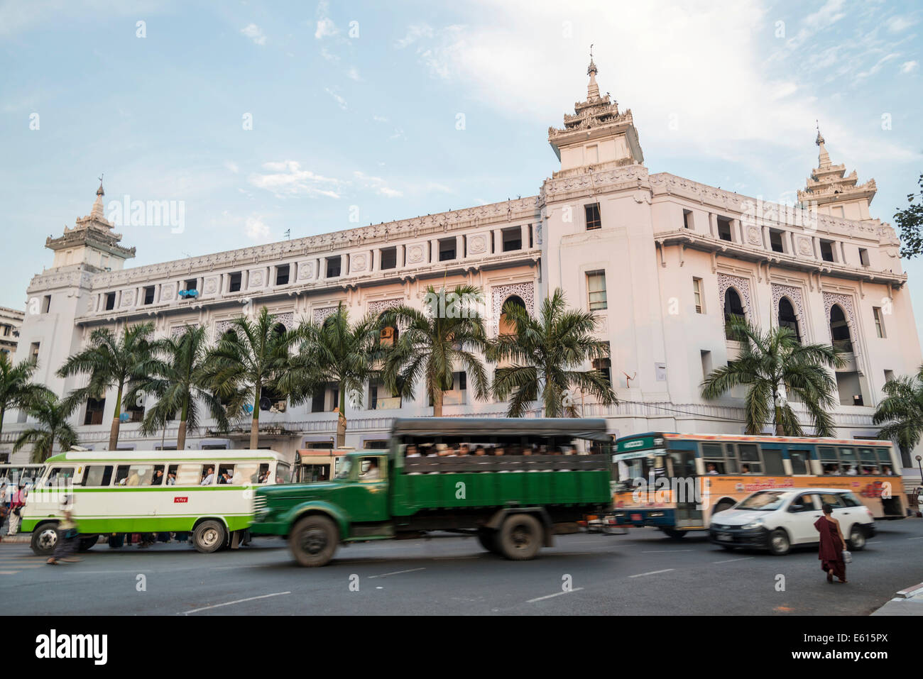 Town Hall, traffic on a road, Yangon or Rangoon, Yangon Region, Myanmar ...