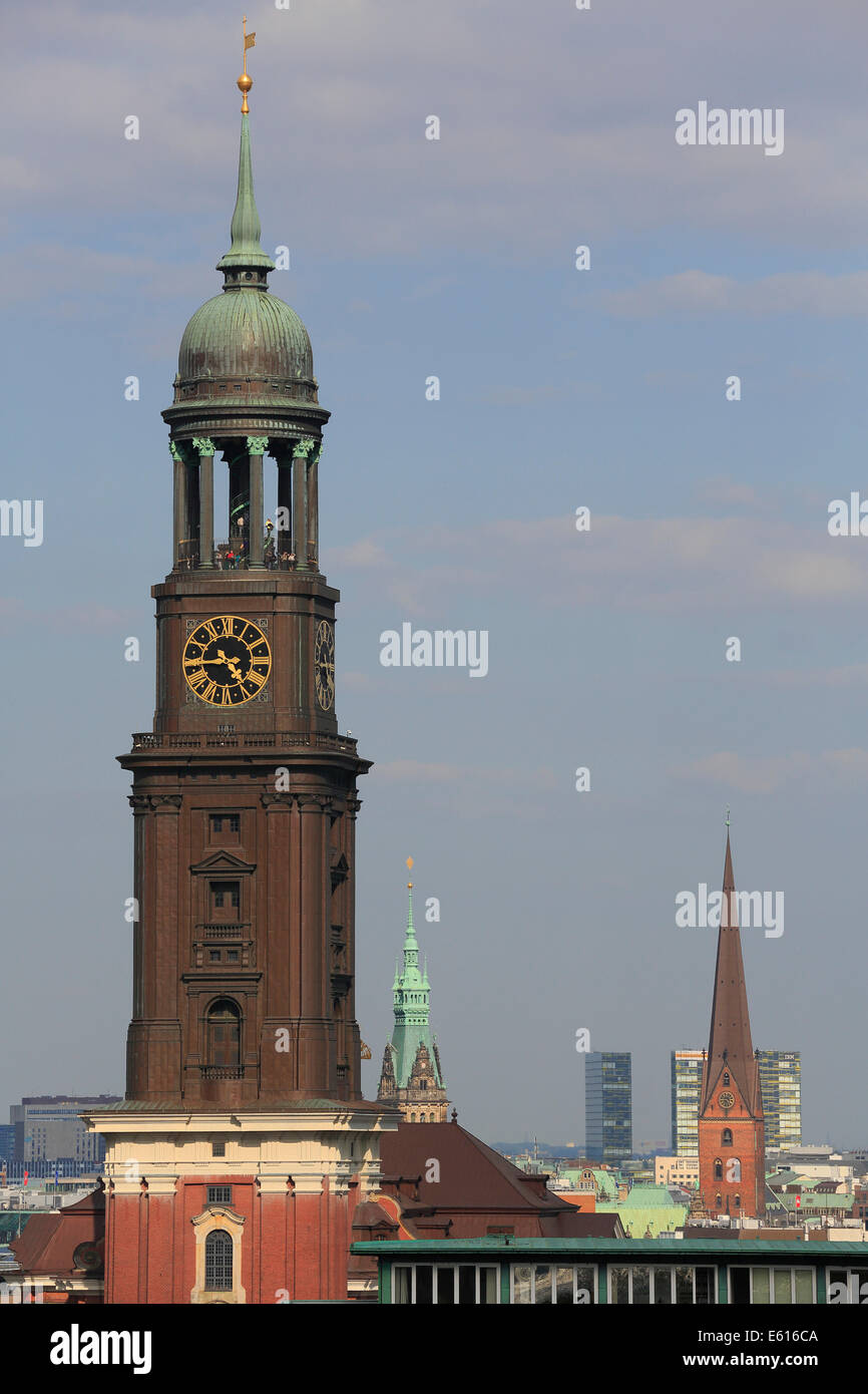 Towers of St. Michaelis Church or Michel, Town Hall and St. Peter's ...