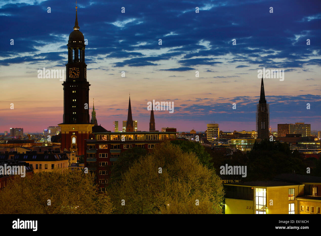 Steeples of the main churches of St. Michael, St. Nikolai, St. Jacobi ...