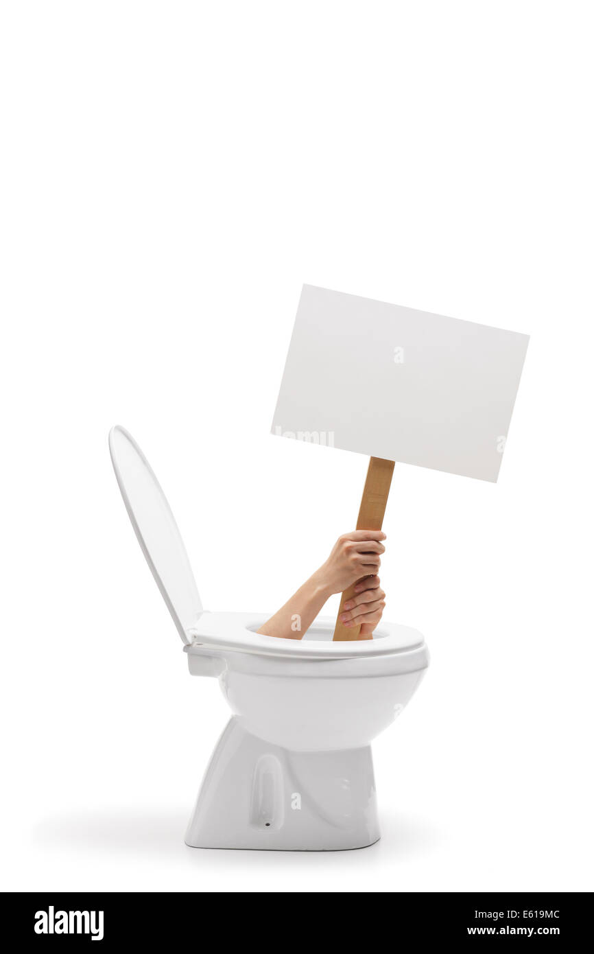 Hands holding a blank banner from deep inside a toilet Stock Photo - Alamy
