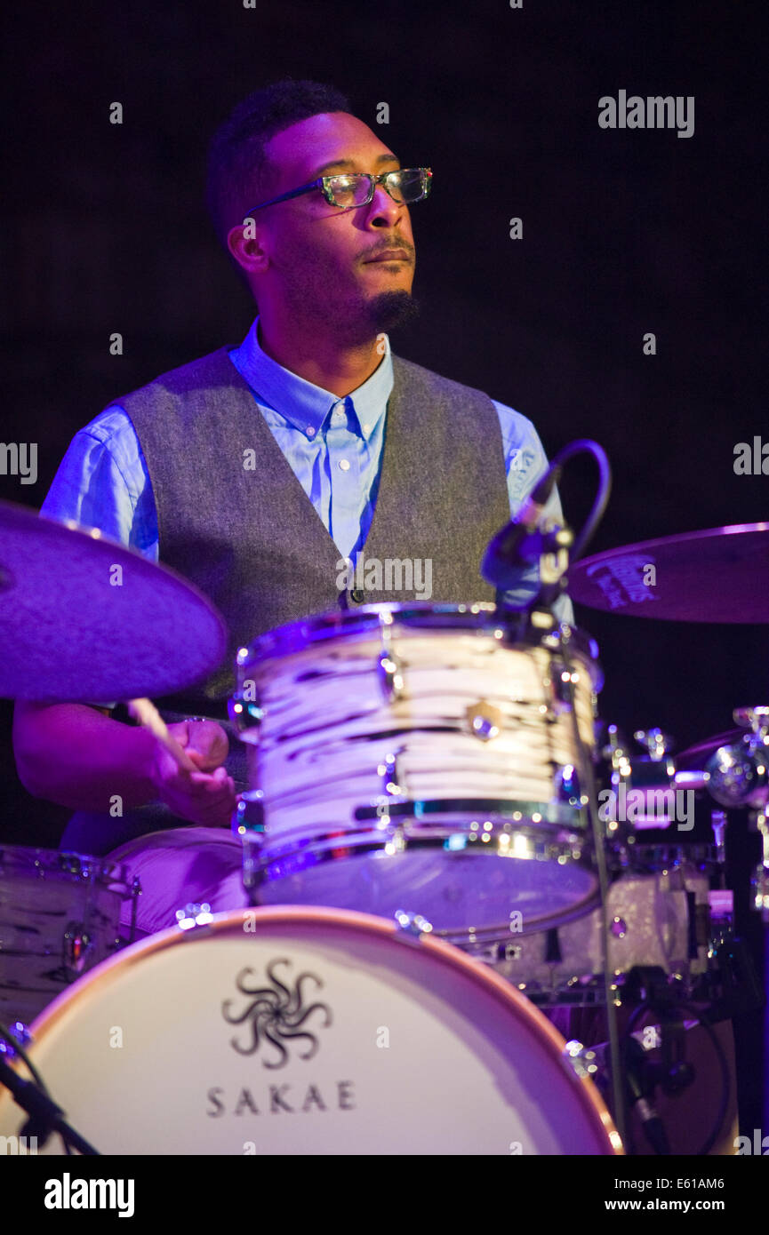 Drummer with Gregory Porter band performing on stage at Brecon Jazz ...