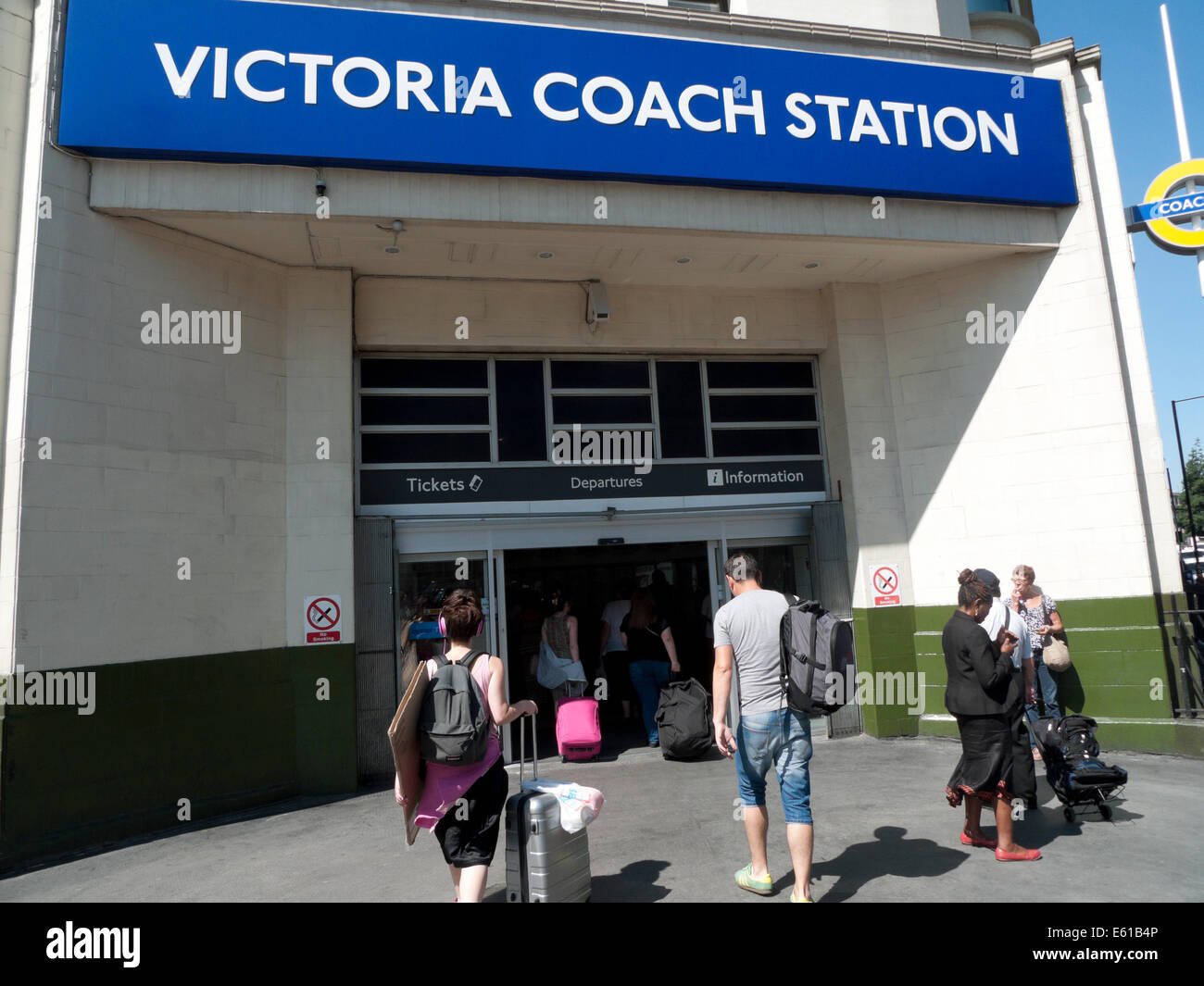 Exterior of Victoria Coach Station people and sign Victoria, London, UK ...