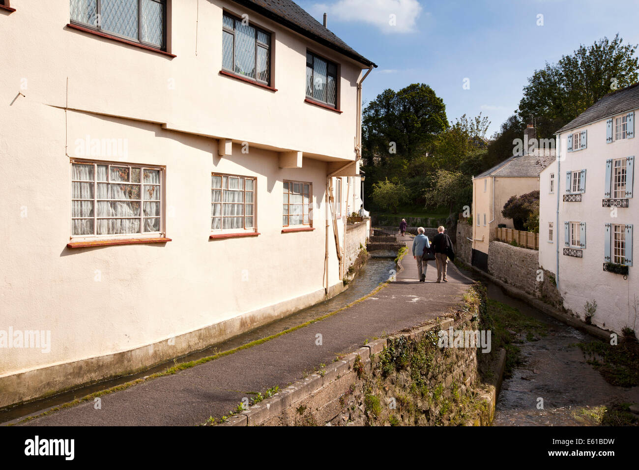 UK England, Dorset, Lyme Regis. Mill race flowing beside River Lym ...
