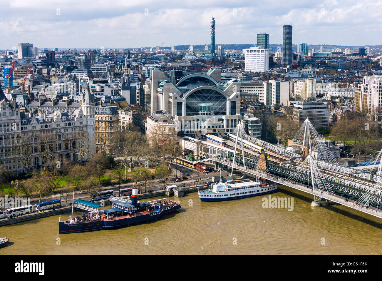 River Thames, Waterloo Bridge, Tattershall Castle pub ship and Charing ...