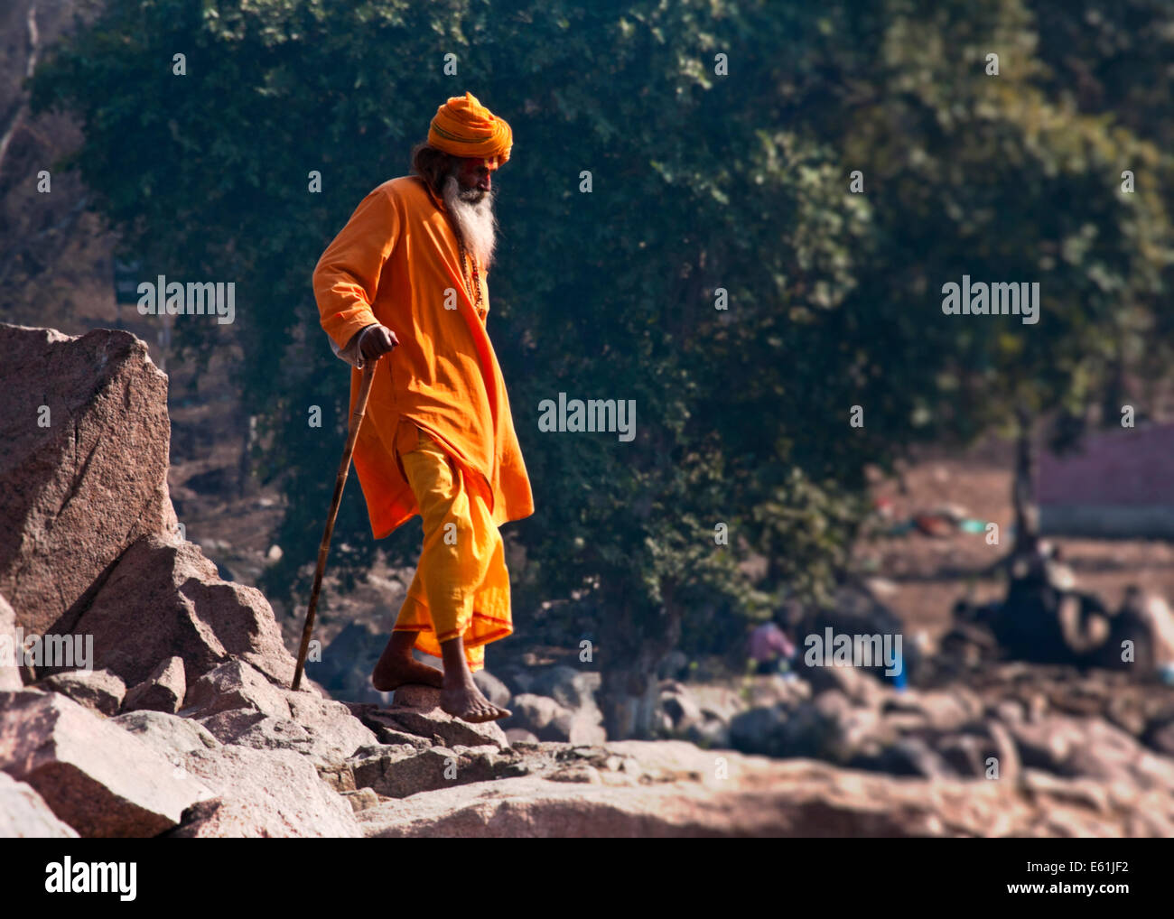 Orange clad Holy man and Saint descends the rocks into Betwa River ...