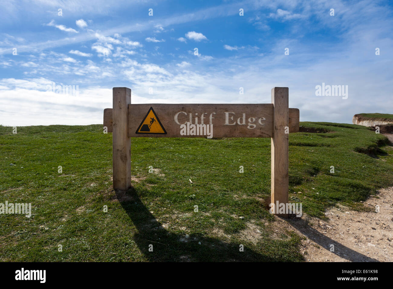 Warning sign of danger to fall off the cliff at Beachy Head, one of the ...