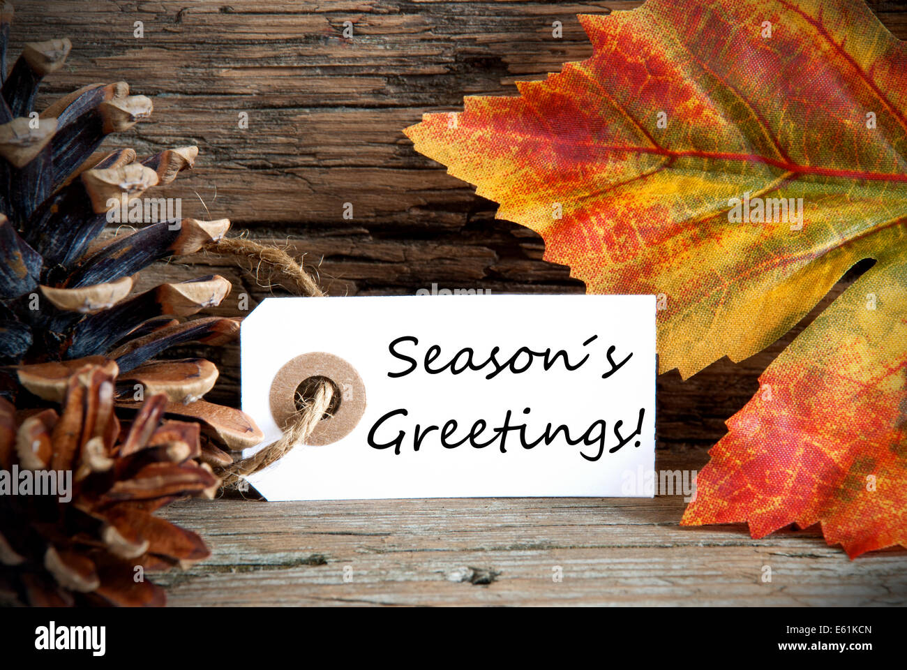 A White Label on a Fall Background with the Words Seasons Greetings on ...