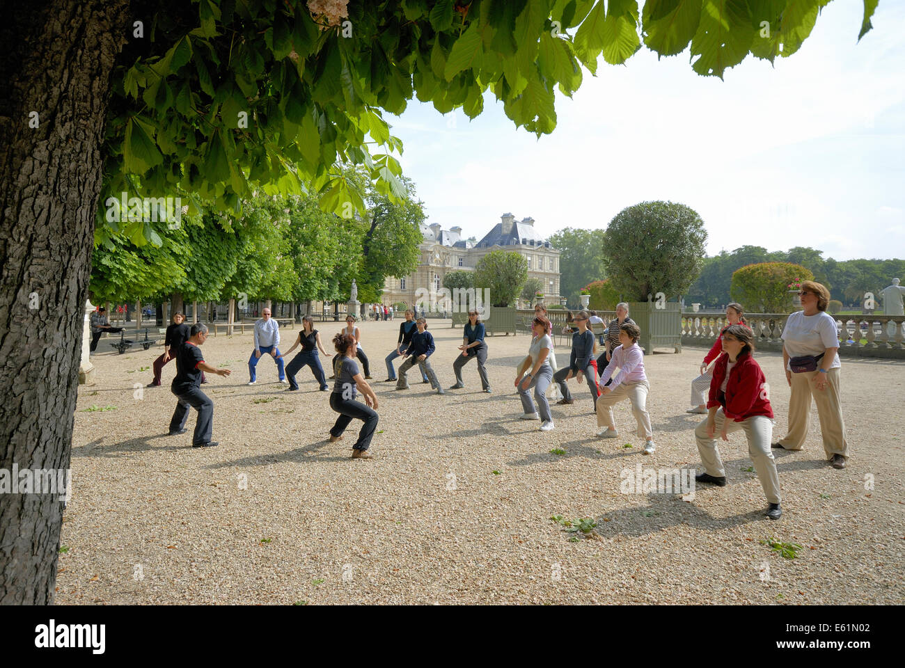 morning exercise and yoga, Luxembourg Gardens, Paris France Stock Photo ...
