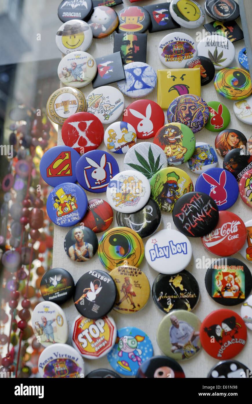funny badges, pins, stickers for sale, Barcelona, Spain Stock Photo - Alamy