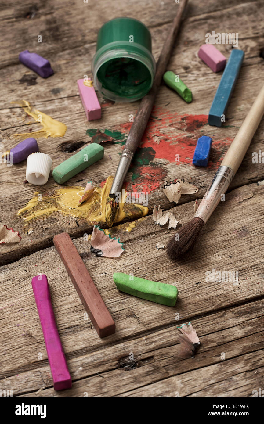 color paints, crayons and pencils for drawing in old style Stock Photo ...