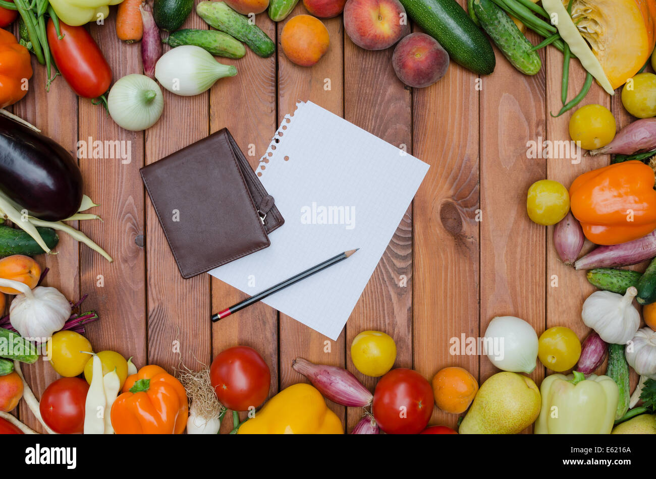 vegetables and fruits composition on wooden table Stock Photo - Alamy