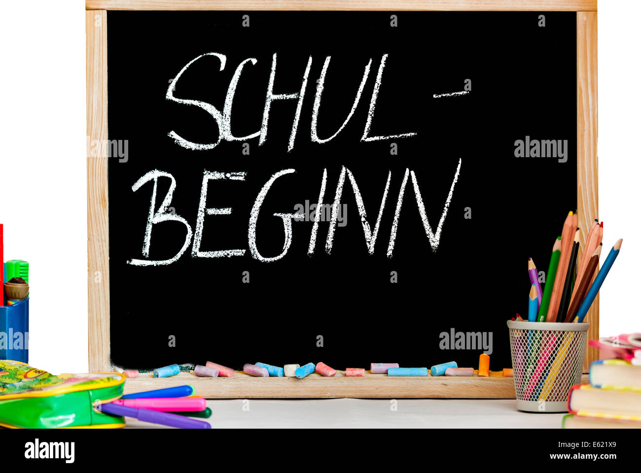 Back to school in german on black chalkboard and color chalk Stock ...
