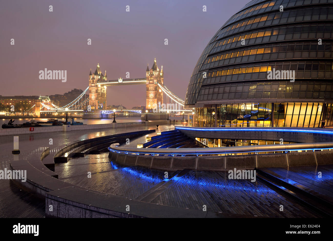 City Hall designed by Sir Norman Foster, Tower Bridge at the back, at ...