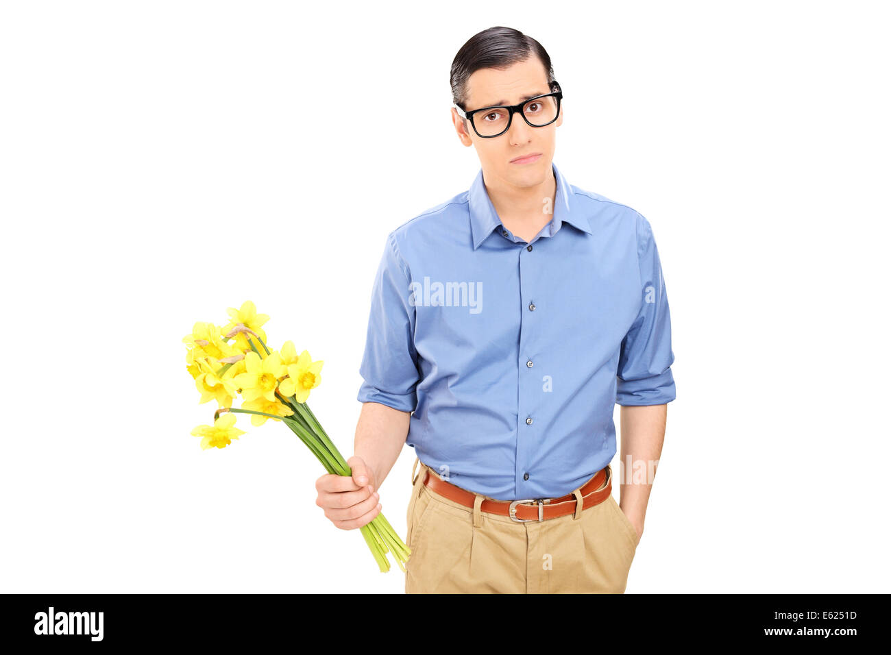 Sad guy holding bouquet flowers hi-res stock photography and images - Alamy