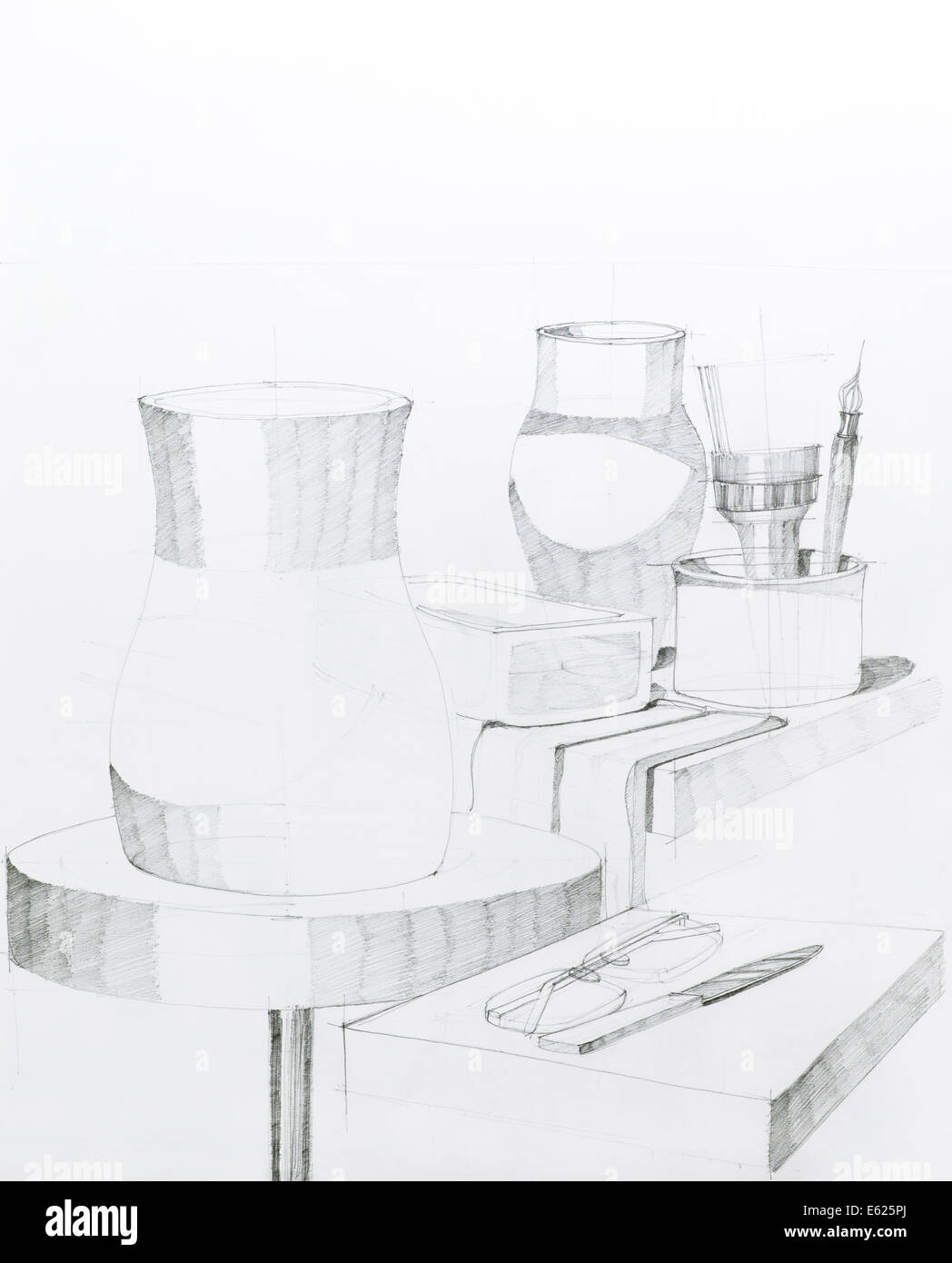 artistic study of objects shapes composition, drawn by hand Stock Photo ...