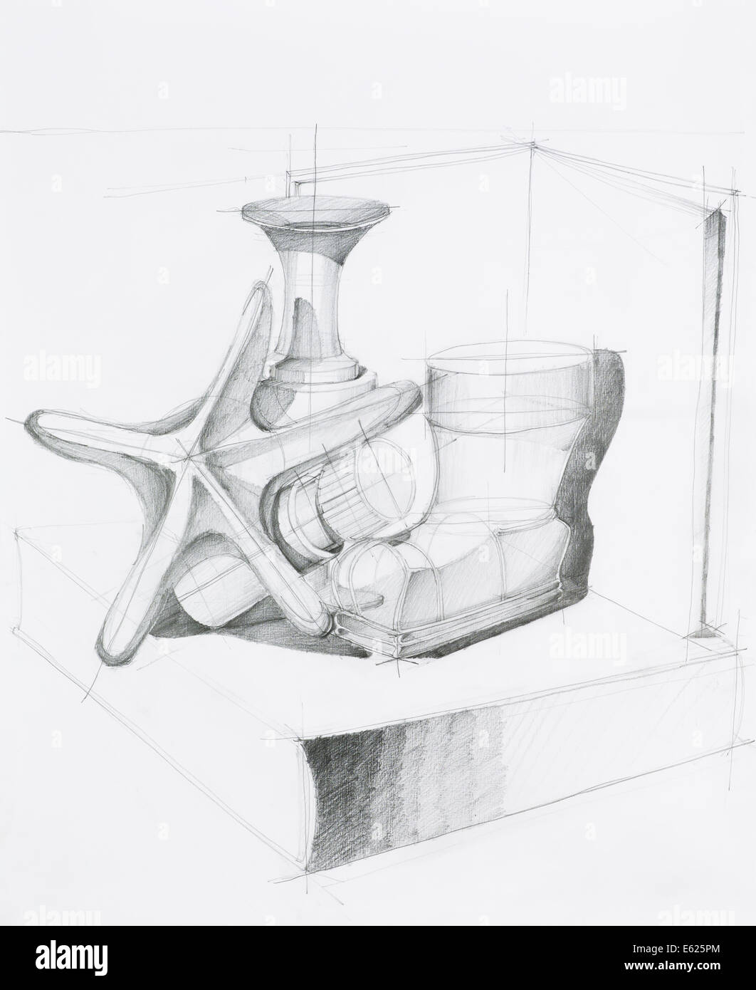 artistic study of composition objects and shapes, drawn by hand Stock ...