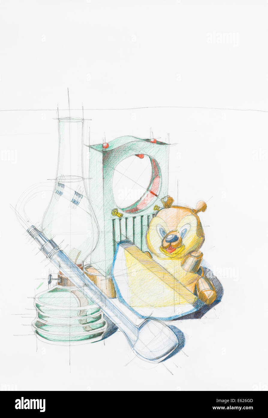 artistic study of objects shapes composition, drawn by hand Stock Photo ...