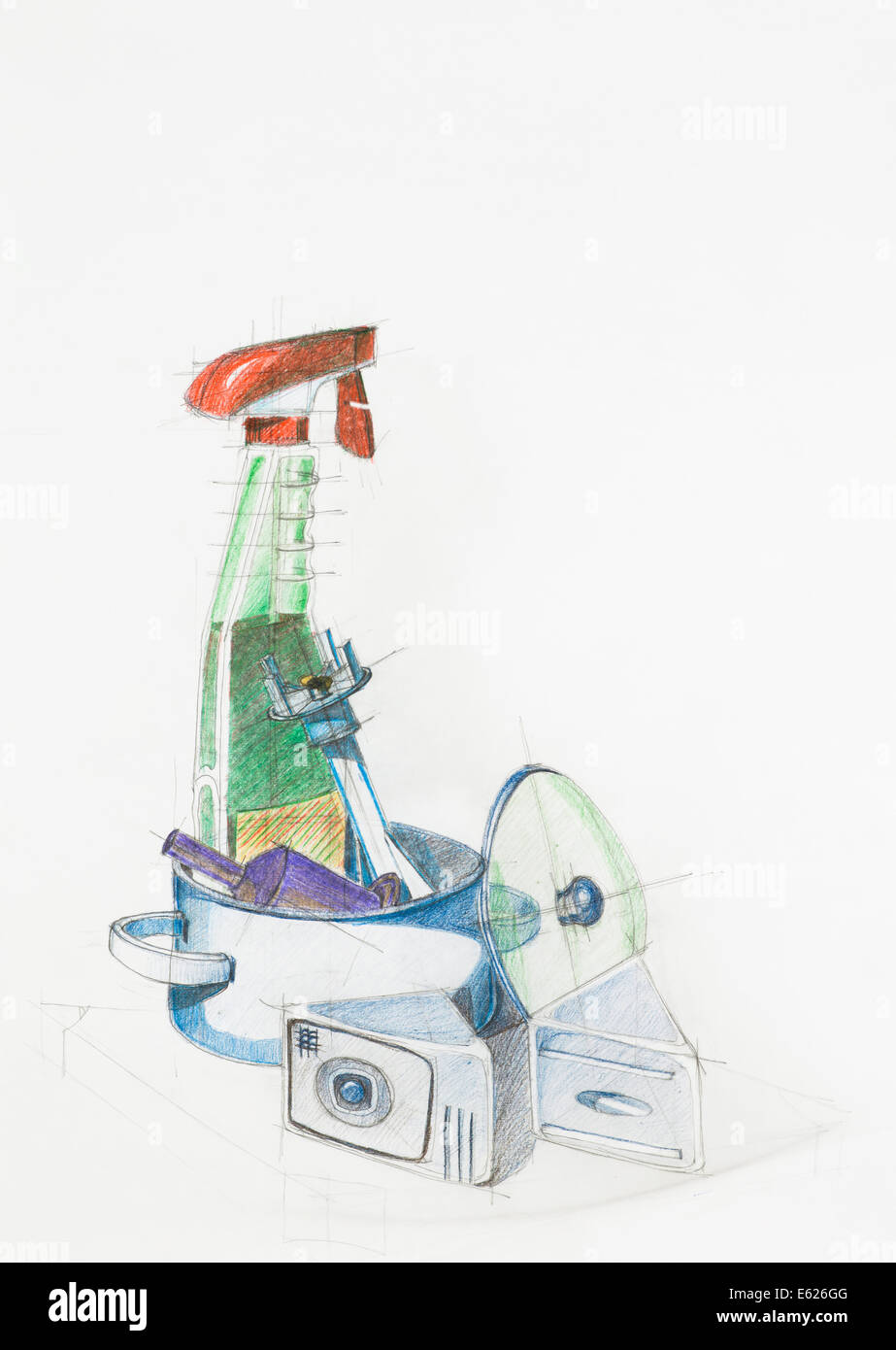 artistic study of composition objects shapes, drawn by hand Stock Photo ...