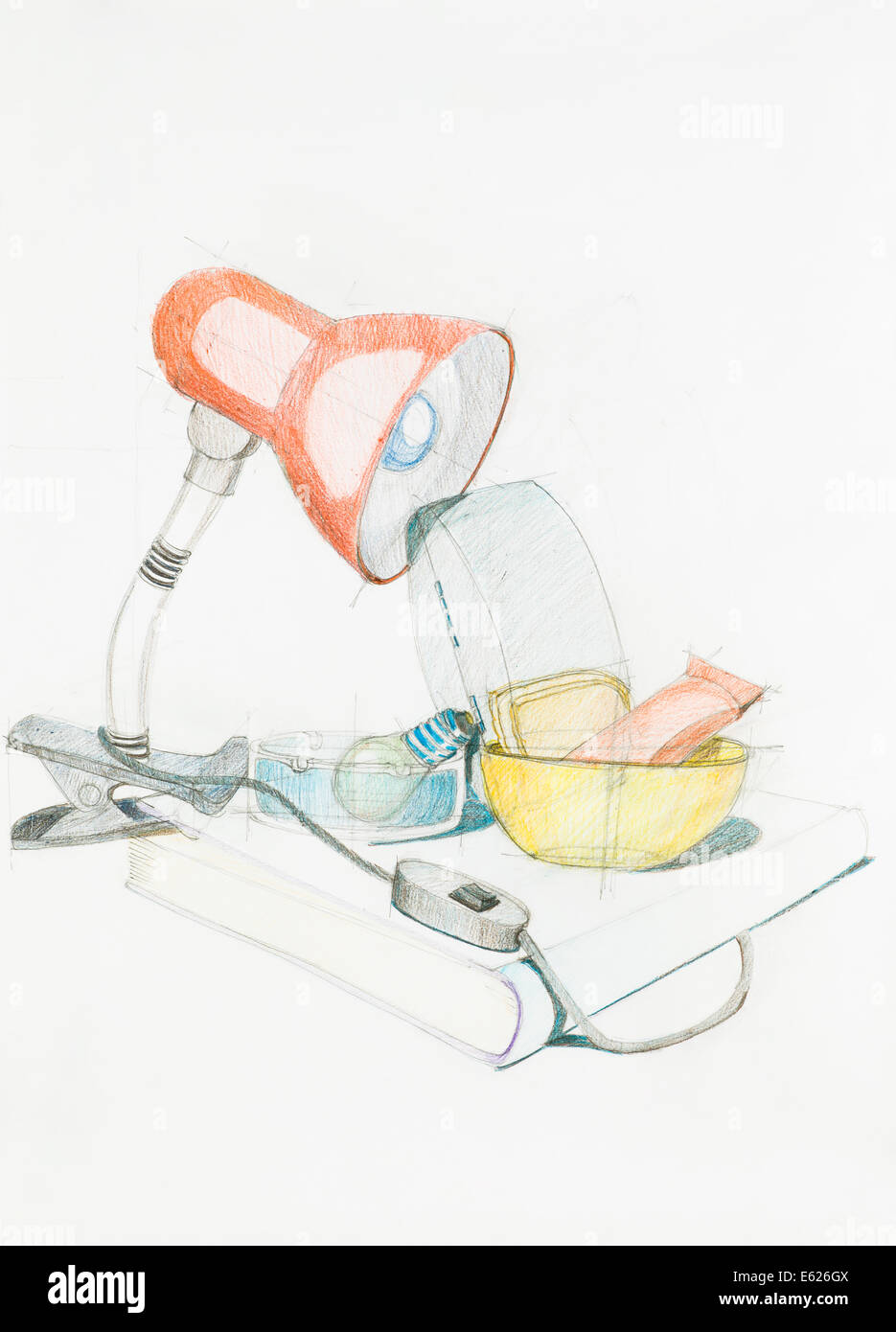 hand drawn artistic study of composition with objects, using colorful ...