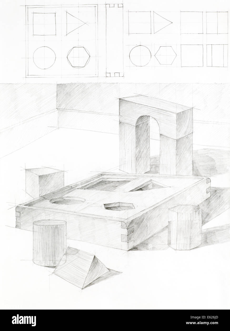 artistic study of wooden toy blocks and game, drawn by hand Stock Photo ...