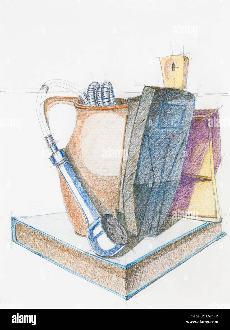 colorful artistic study of objects shapes composition, drawn by hand ...