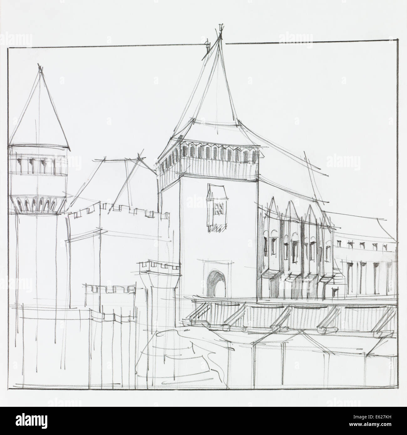 hand drawn architectural perspective of The Hunyad Castle, medieval ...