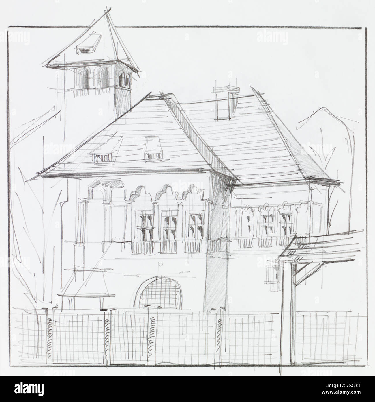hand drawn architectural perspective of old traditional house Stock ...