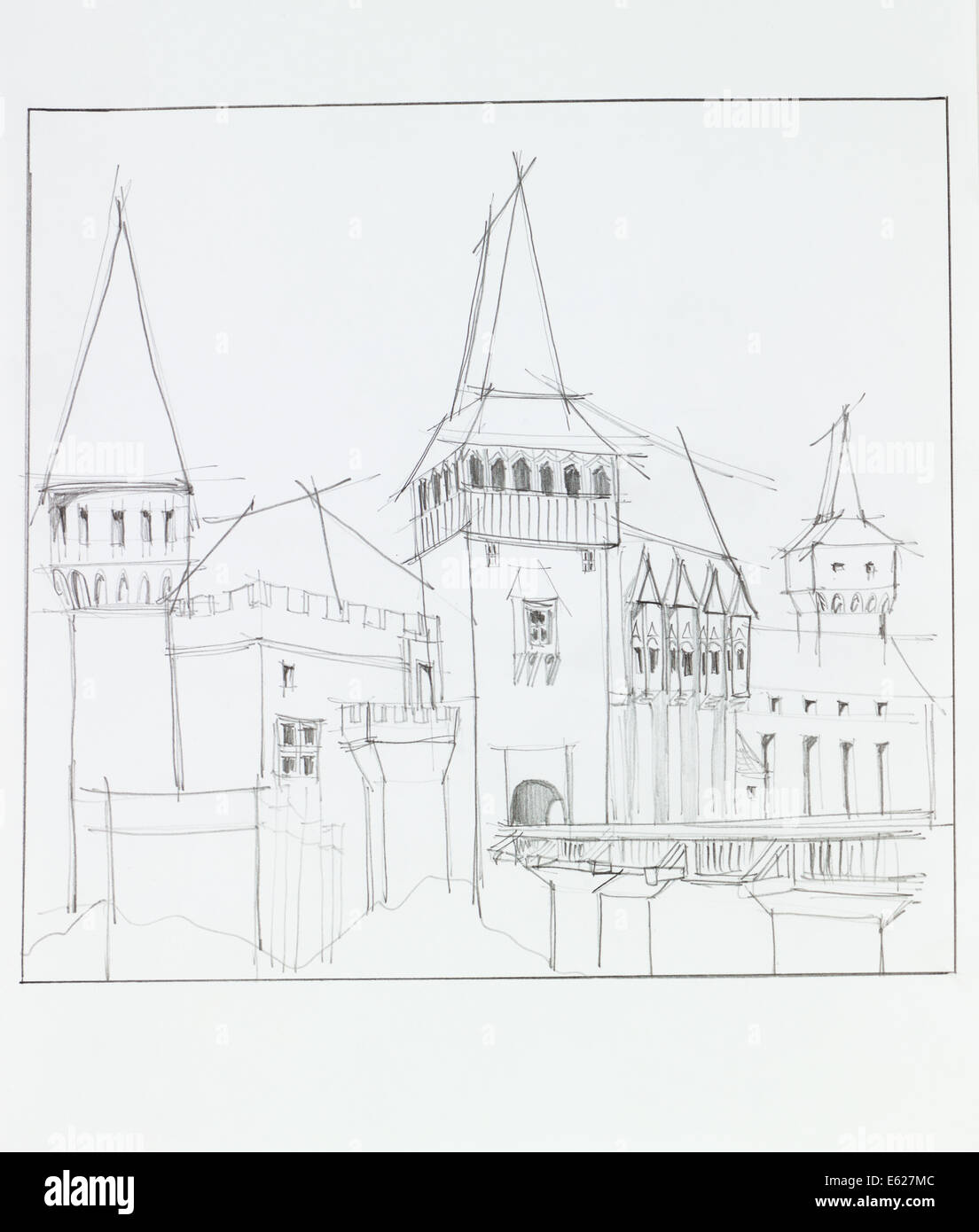 hand drawn architectural perspective of The Hunyad Castle, medieval ...