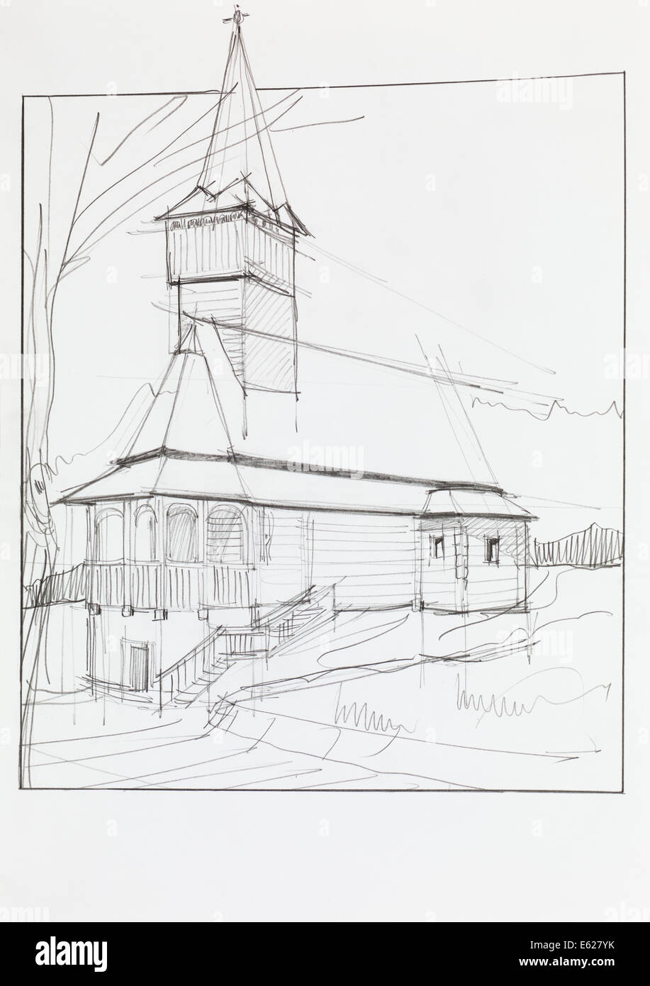 hand drawn architectural perspective of wooden church Stock Photo - Alamy