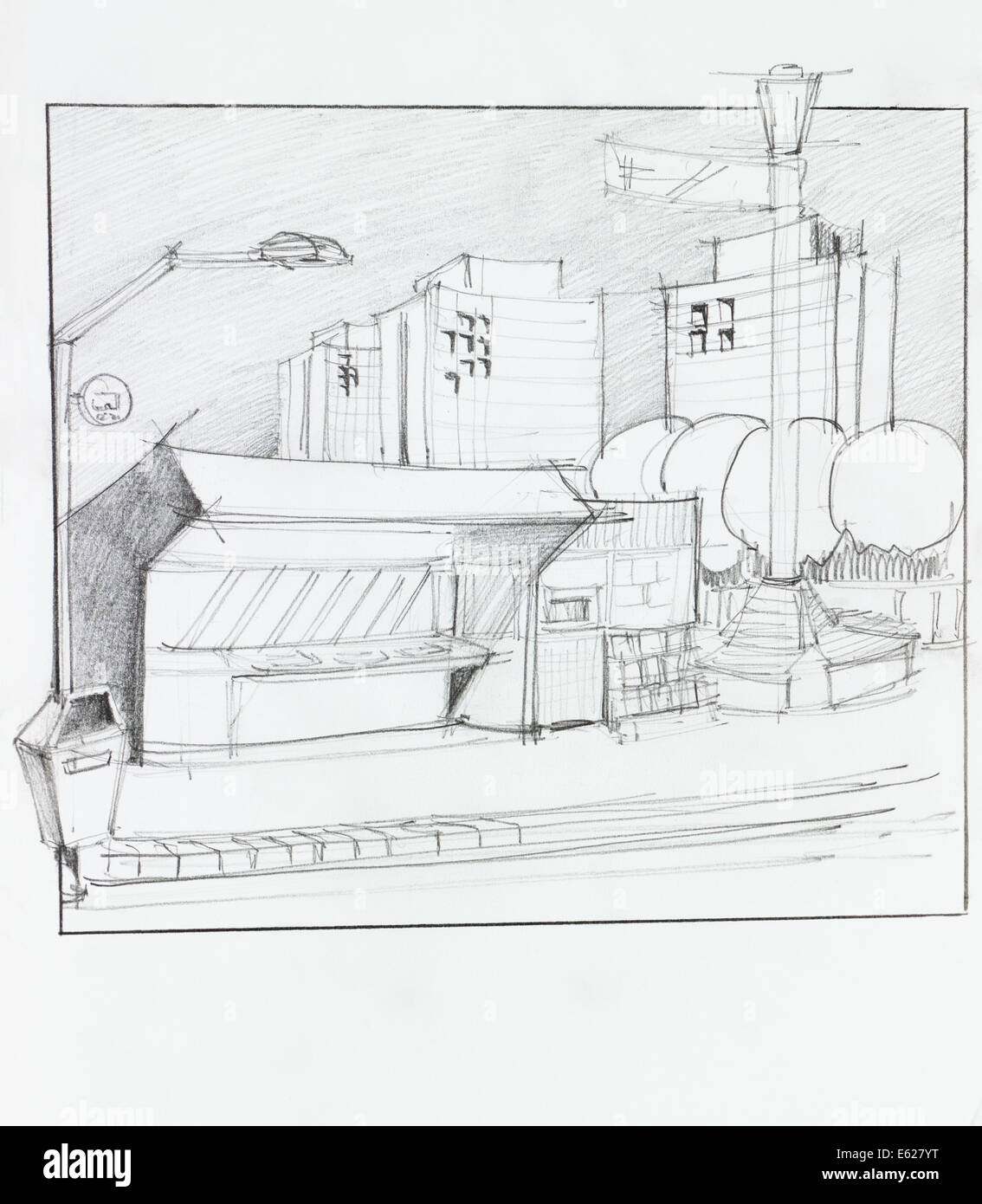 hand drawn illustration of bus stop and residential place Stock Photo ...