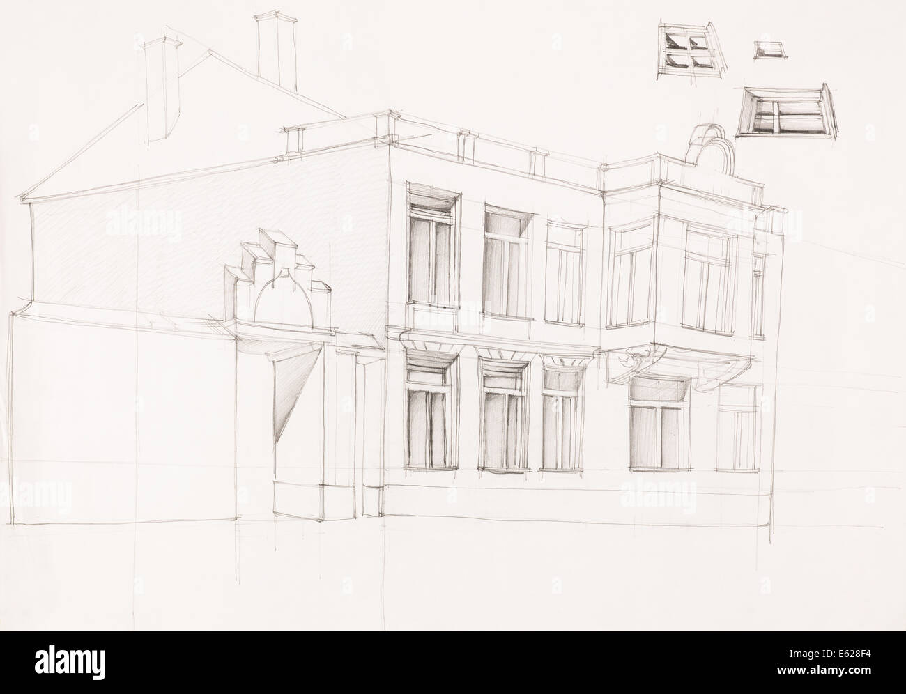 architectural perspective of old house, drawn by hand Stock Photo - Alamy