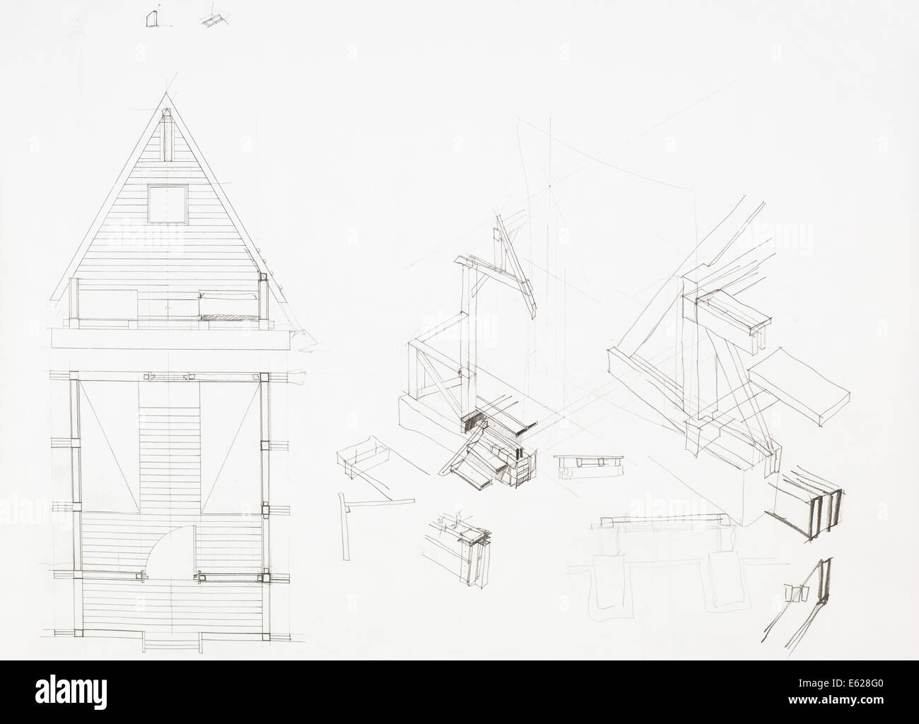 architectural blueprint of house with attic, drawn by hand Stock Photo ...