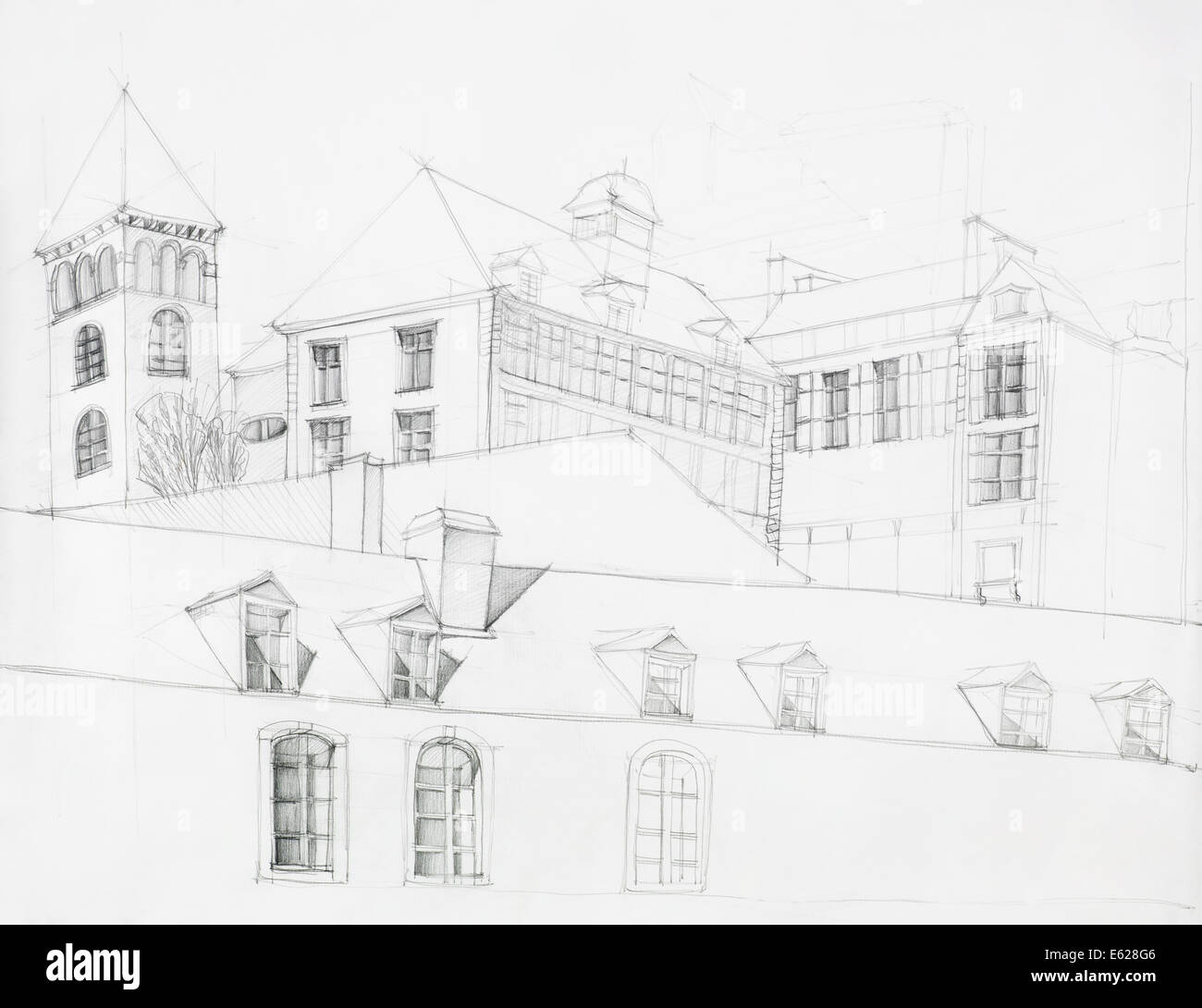 architectural perspective of old building, drawn by hand Stock Photo ...