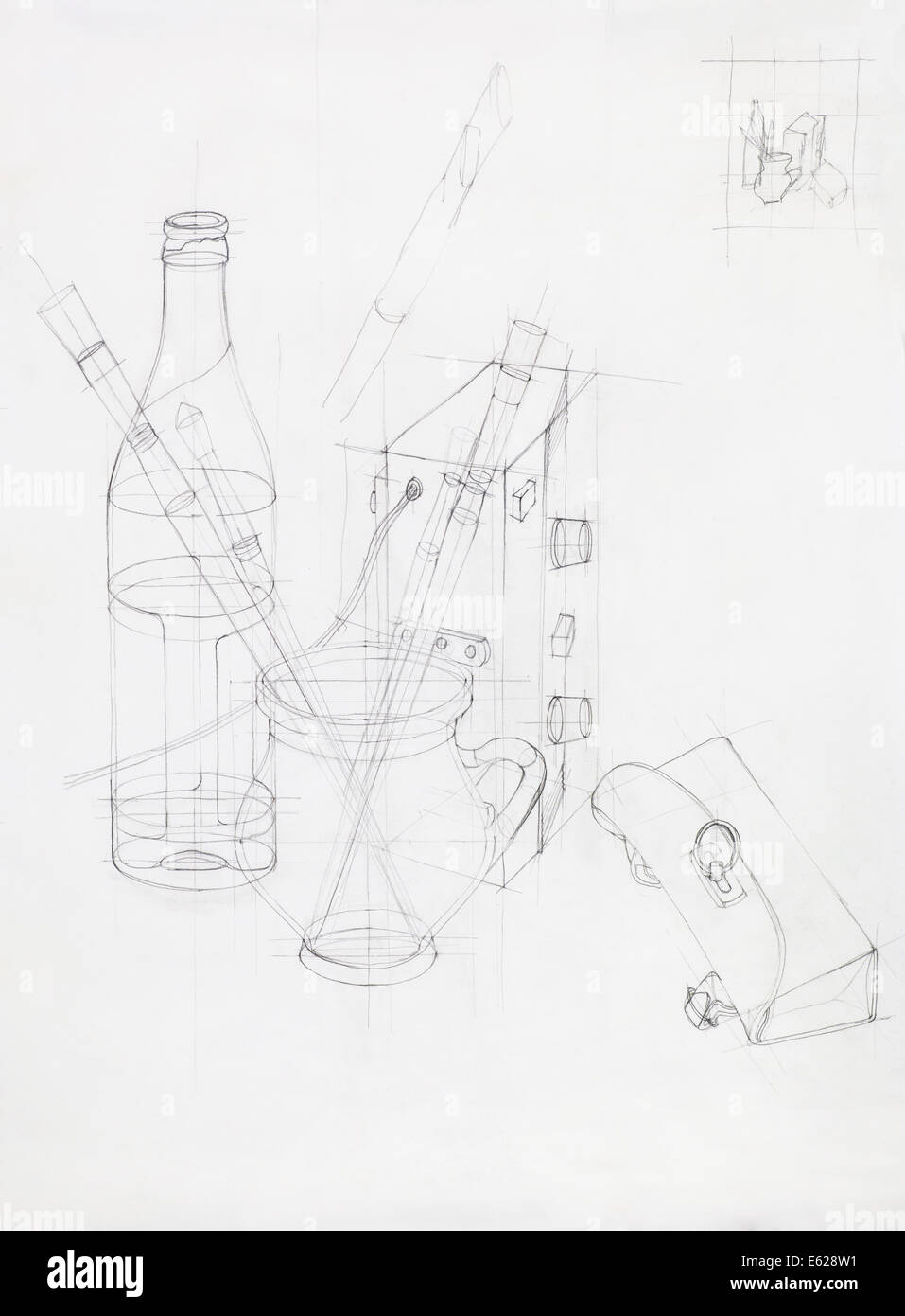 artistic study of composition with objects, drawn by hand Stock Photo ...