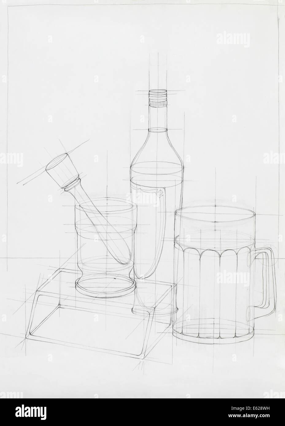 artistic study of composition with objects made out of glass, drawn by ...