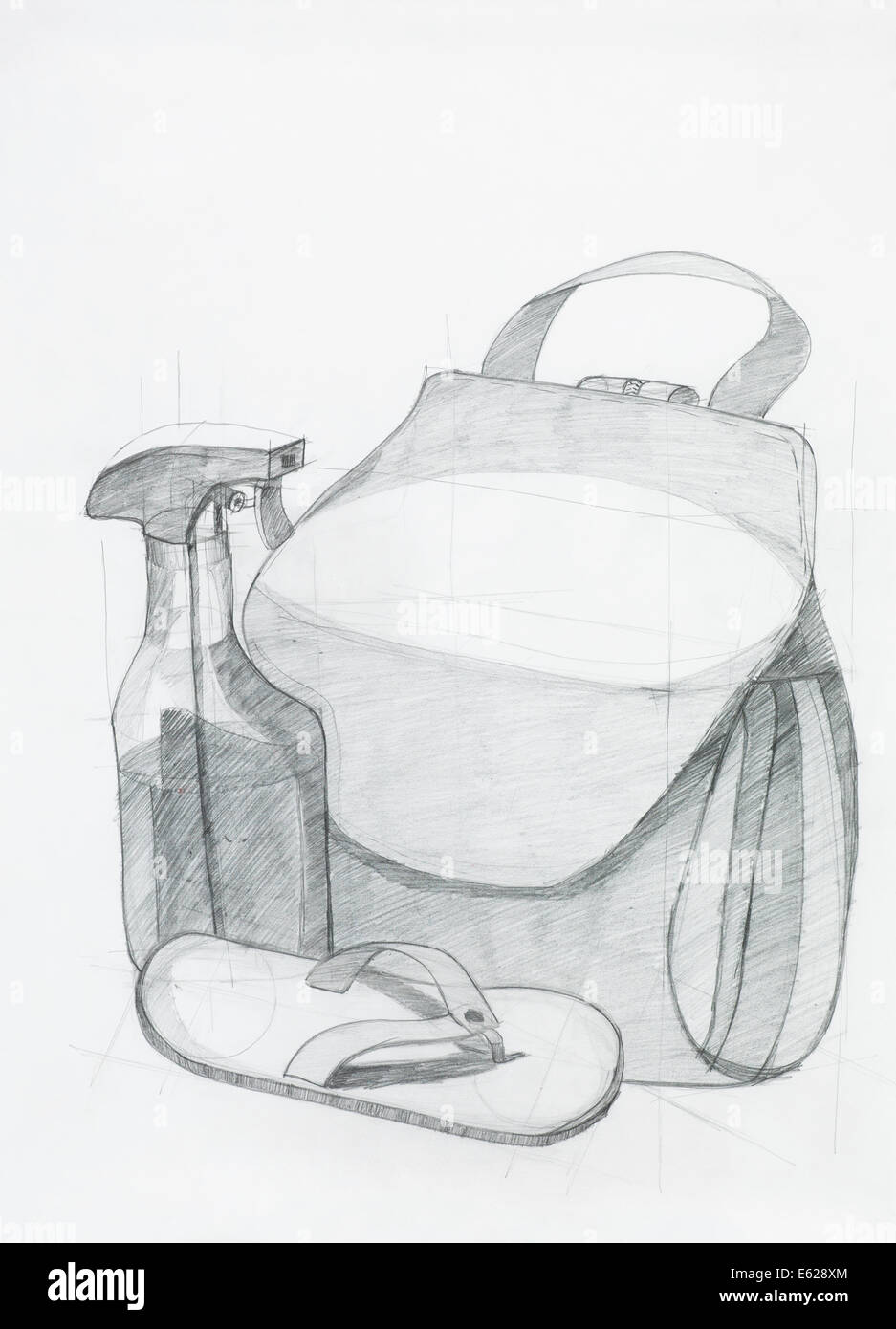 hand drawn sketch of beach objects composition, artistic study Stock ...