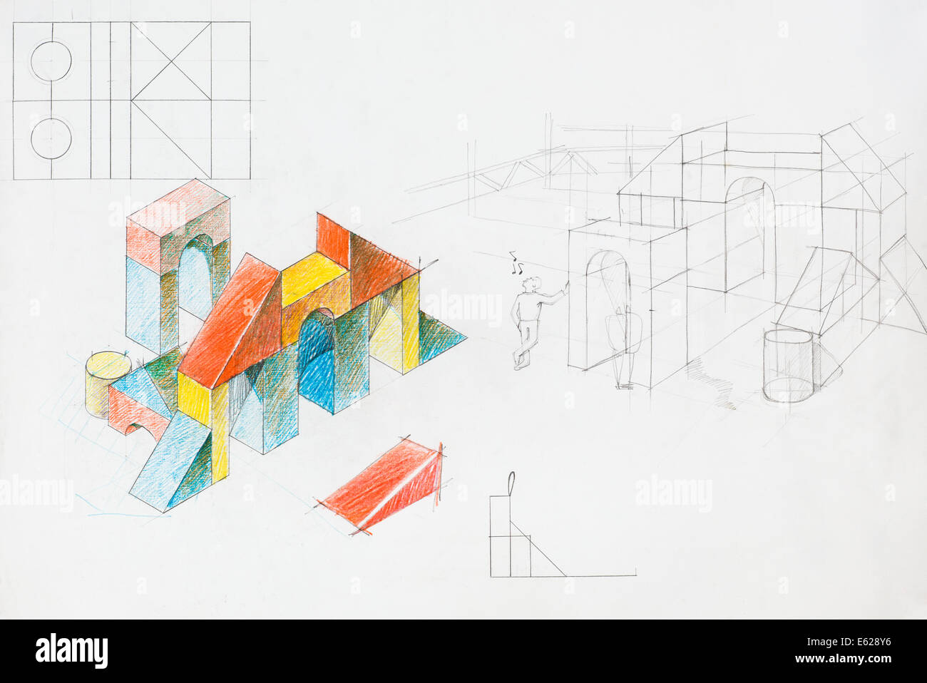 colored architectural sketch of modern construction, hand drawn Stock ...