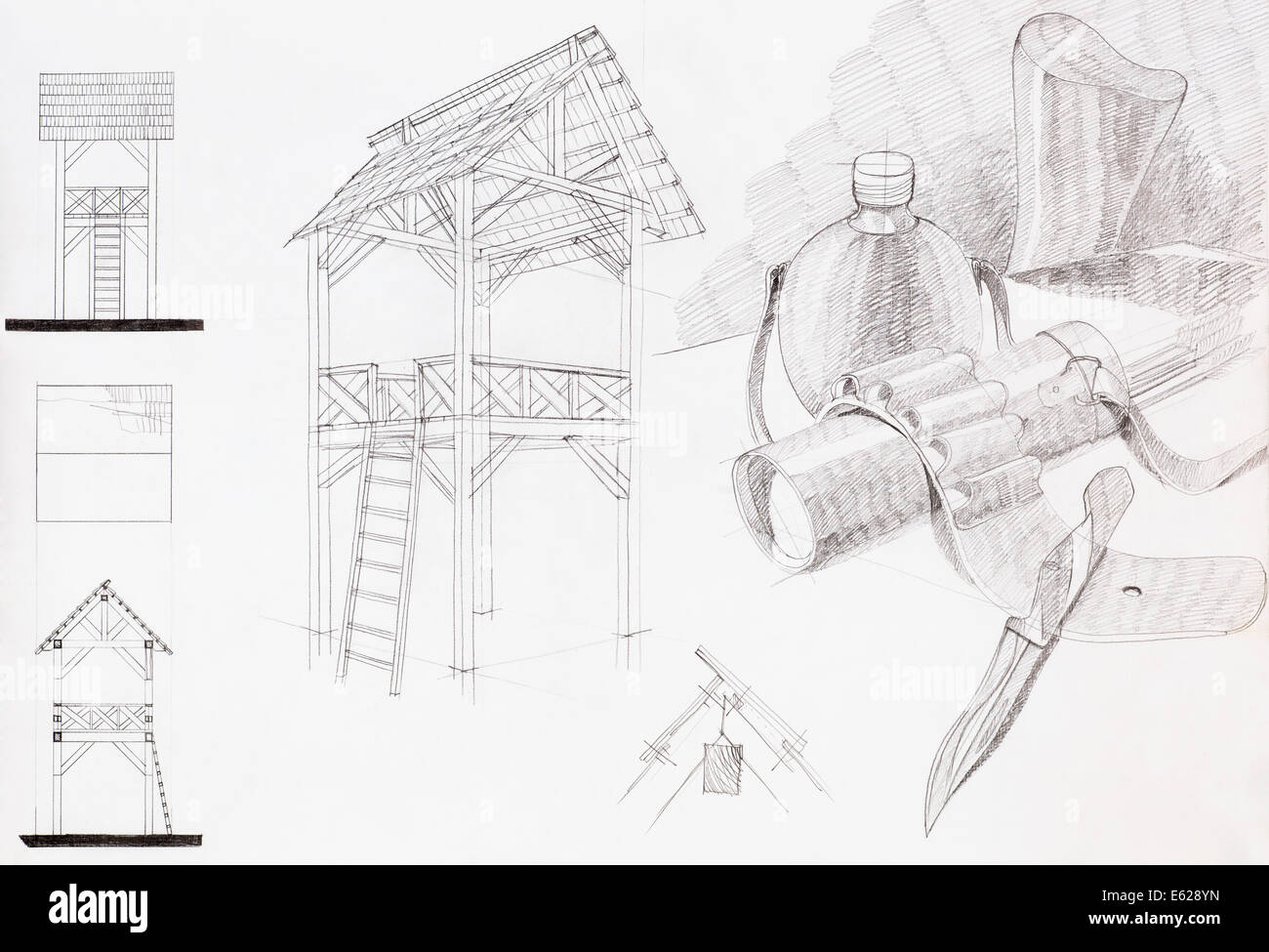 hand drawn architectural sketch of wooden tower and artistic study of ...