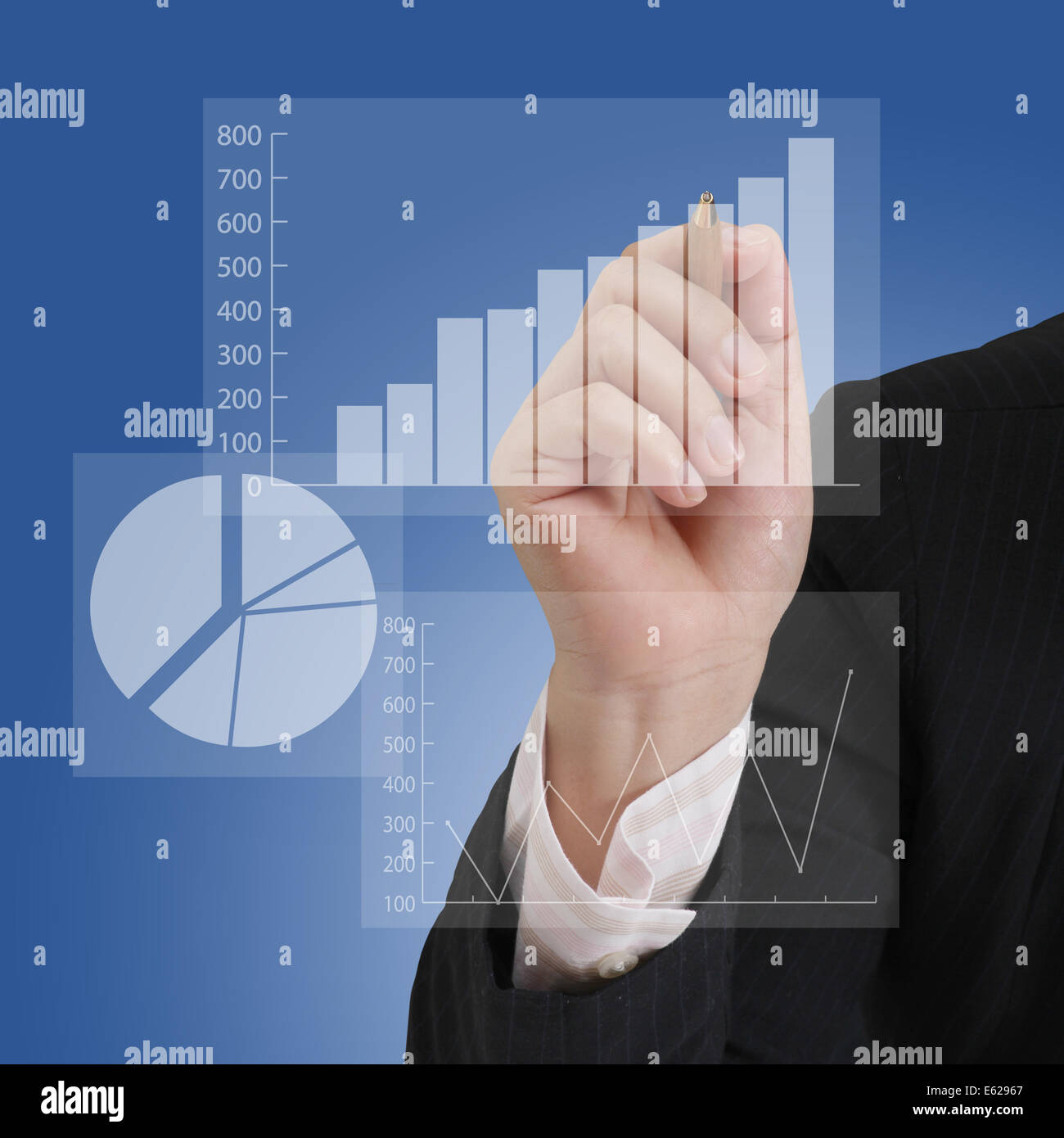 Image of businessman point pen to business graph on white background ...