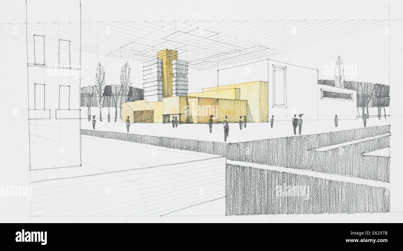 hand drawn architectural sketch of modern residential place Stock Photo ...