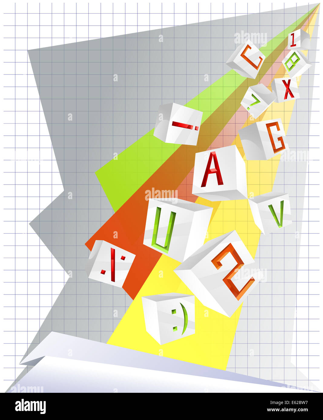 3D volume letters and shiny red, green and orange figures and signs on ...