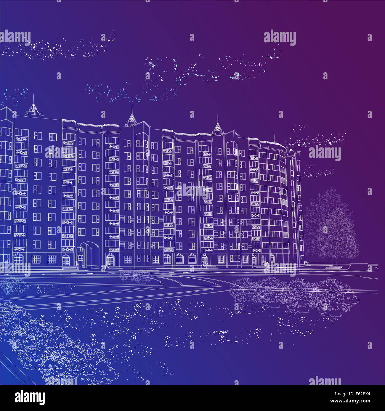 Blue linear architectural graphic background with building Stock Photo ...