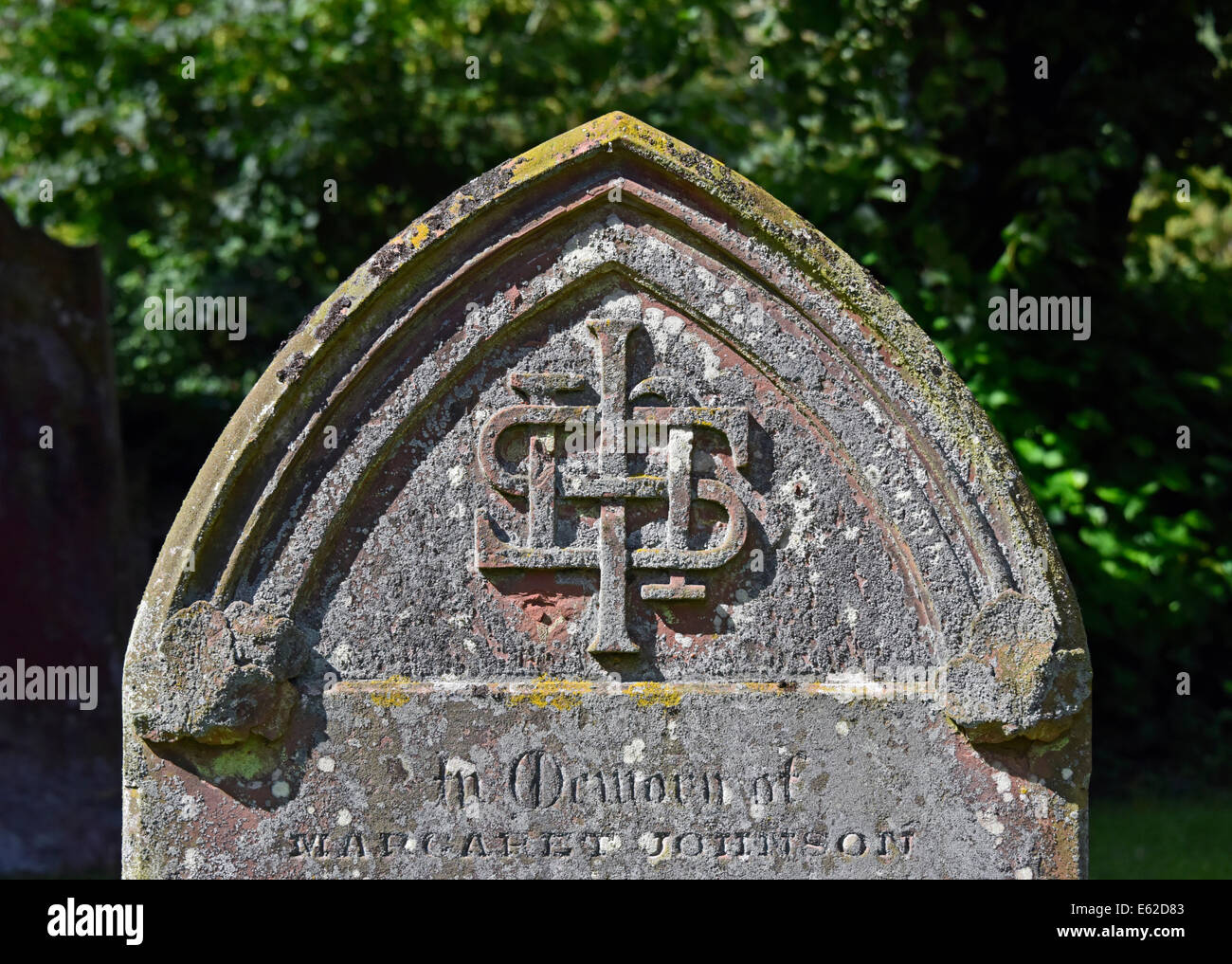 Sandstone gravestone with IHS design. Church of Saint Peter. Castle ...