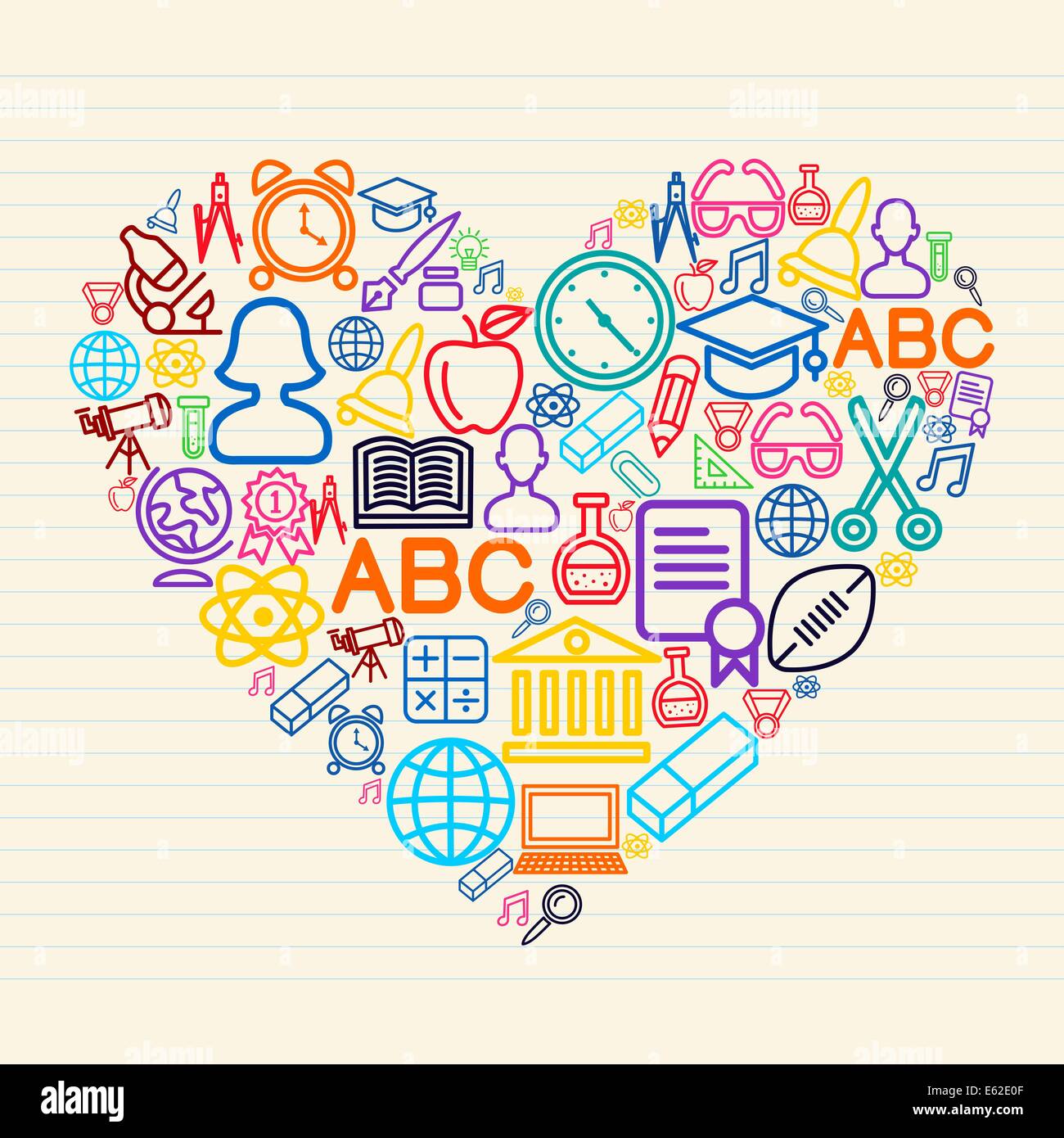 Back to school Love icons education in heart shape over paper sheet ...