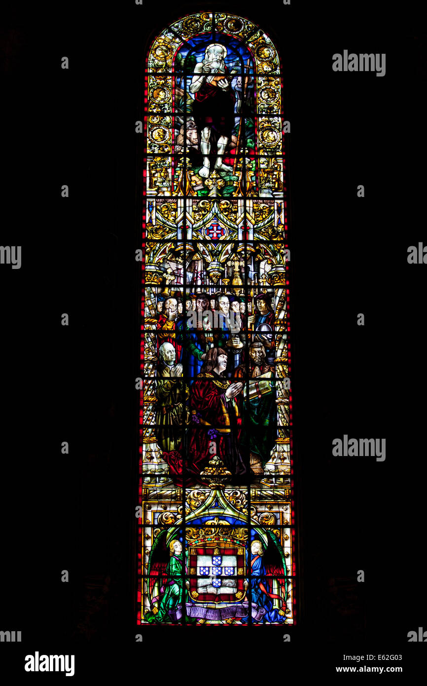 Stained glass window in the Jeronimos Monastery Church in Belem, Lisbon ...