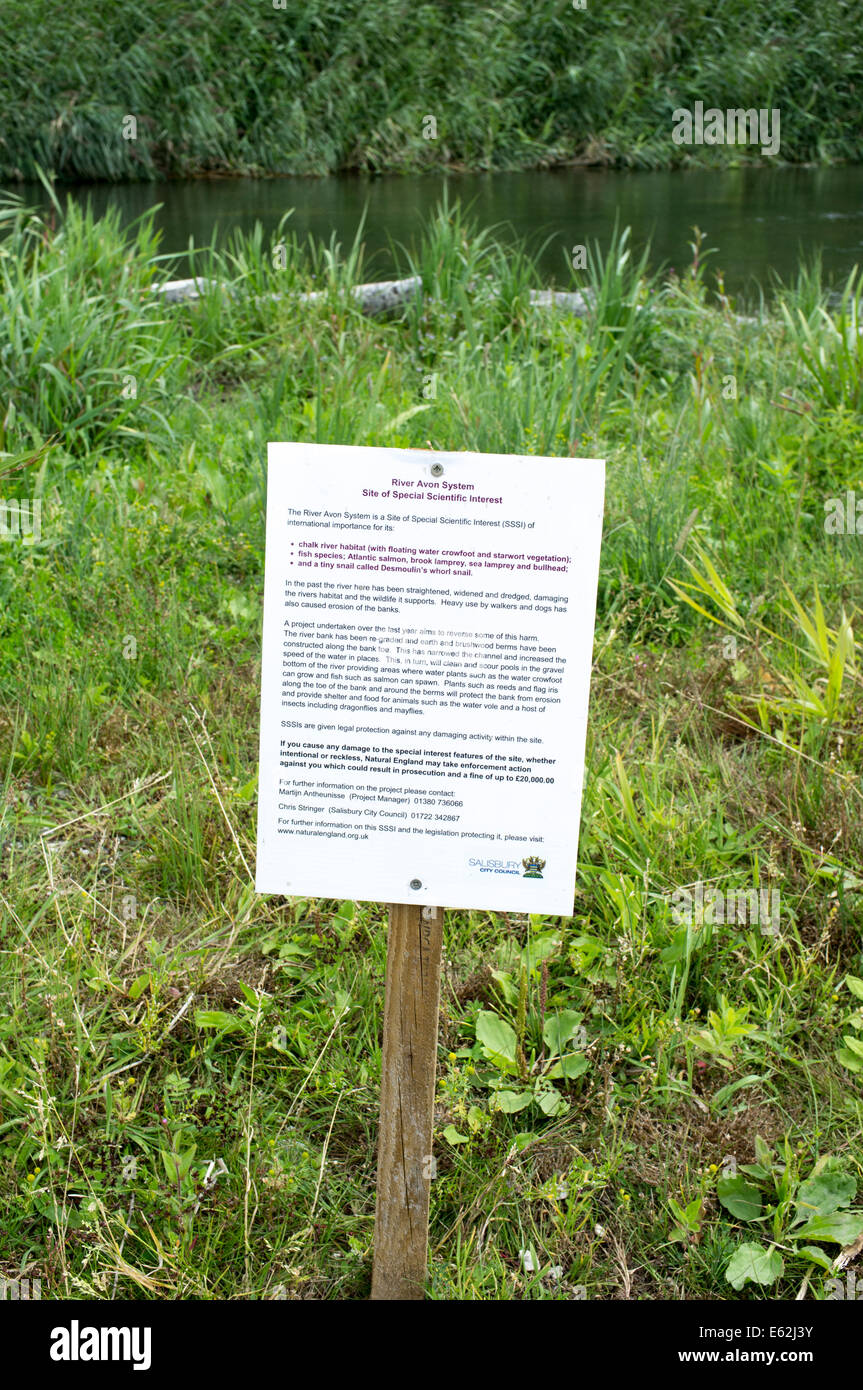 Small sign next to River Avon Salisbury UK indicating an SSSI site of ...